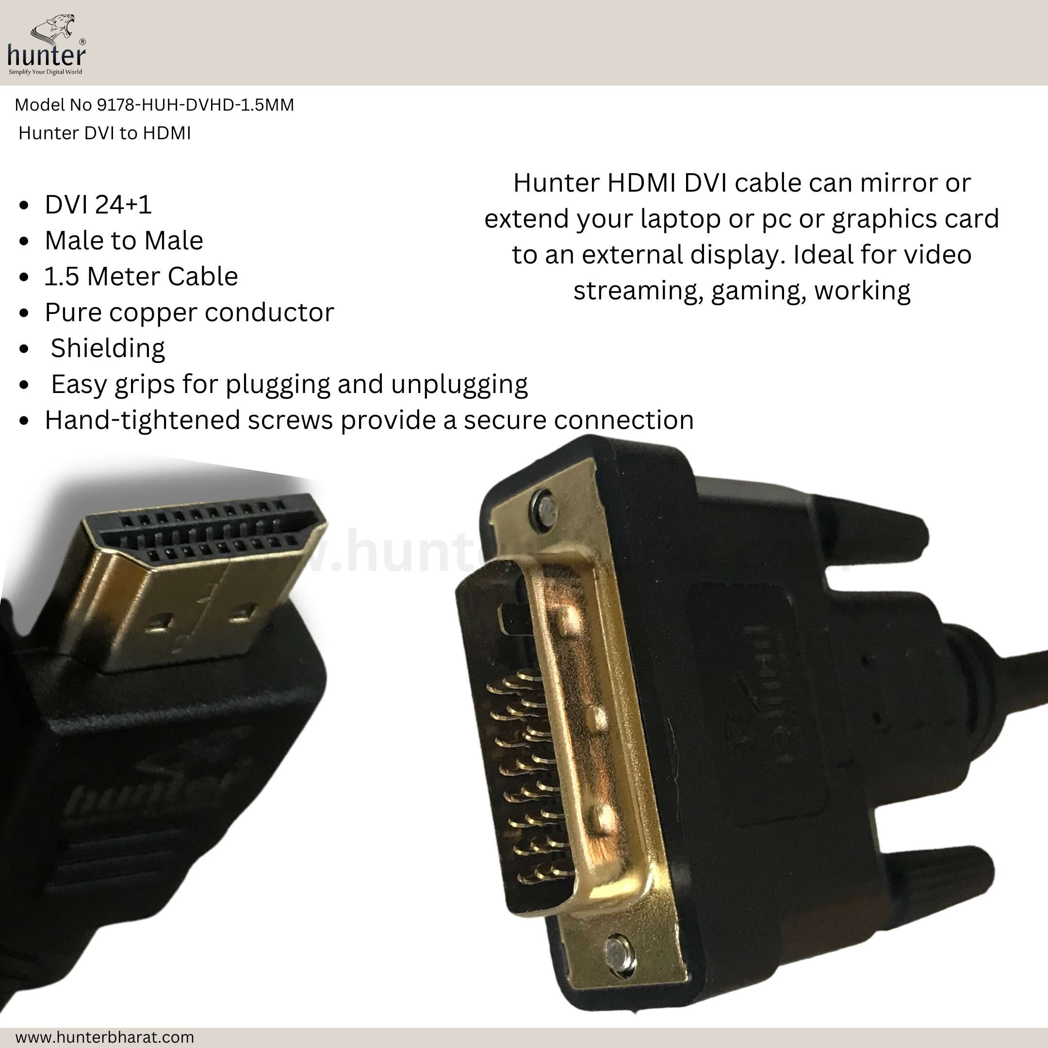 Hunter DVI to HDMI Cable - 1.5M | 24+1 DVI Male to HDMI Male | 24K Gold ...