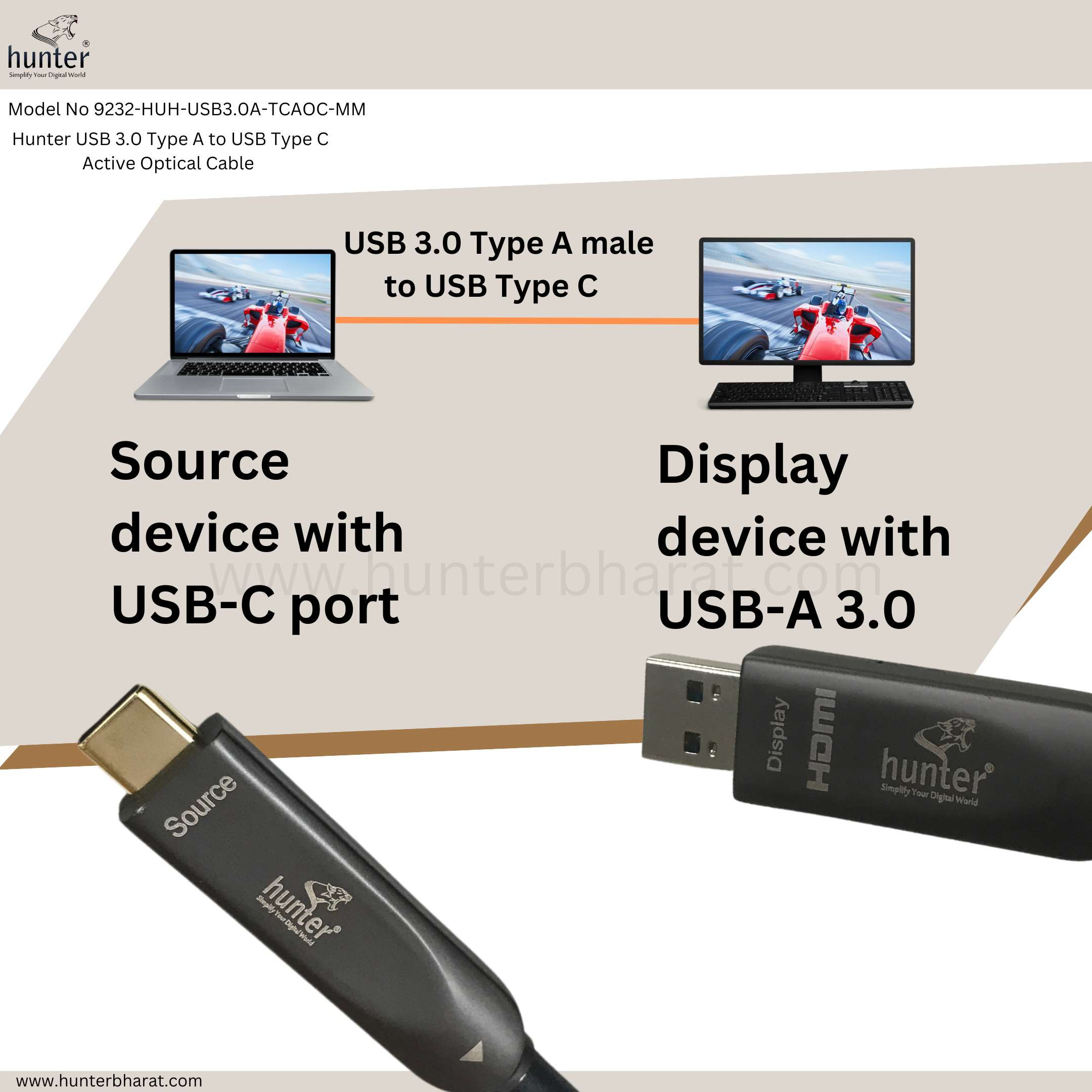 Hunter USB 3.0 Type-C to Type A Male to USB AOC 10-9232