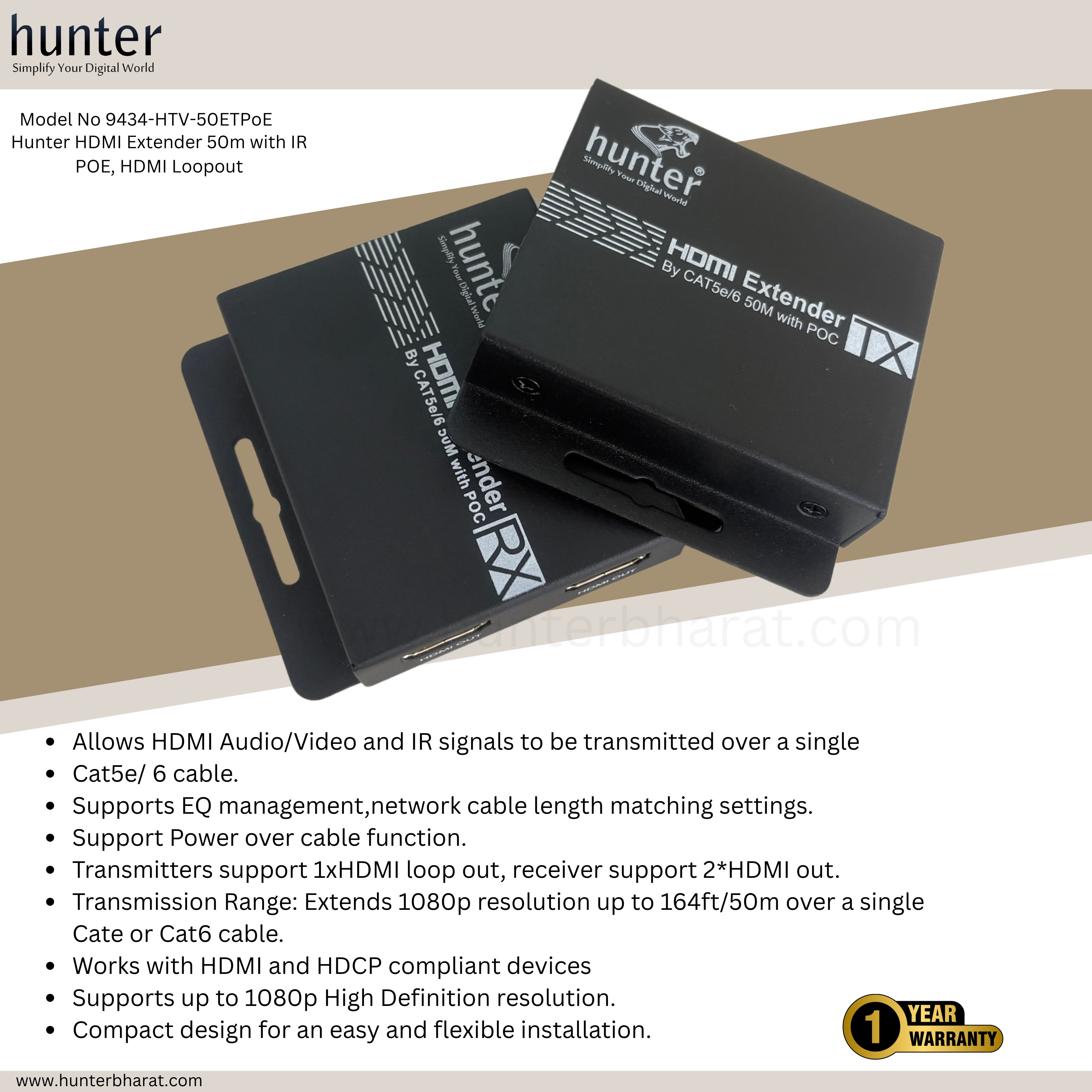 Hunter HDMI Extender 50m with IR POC HDMI Loopout-9434