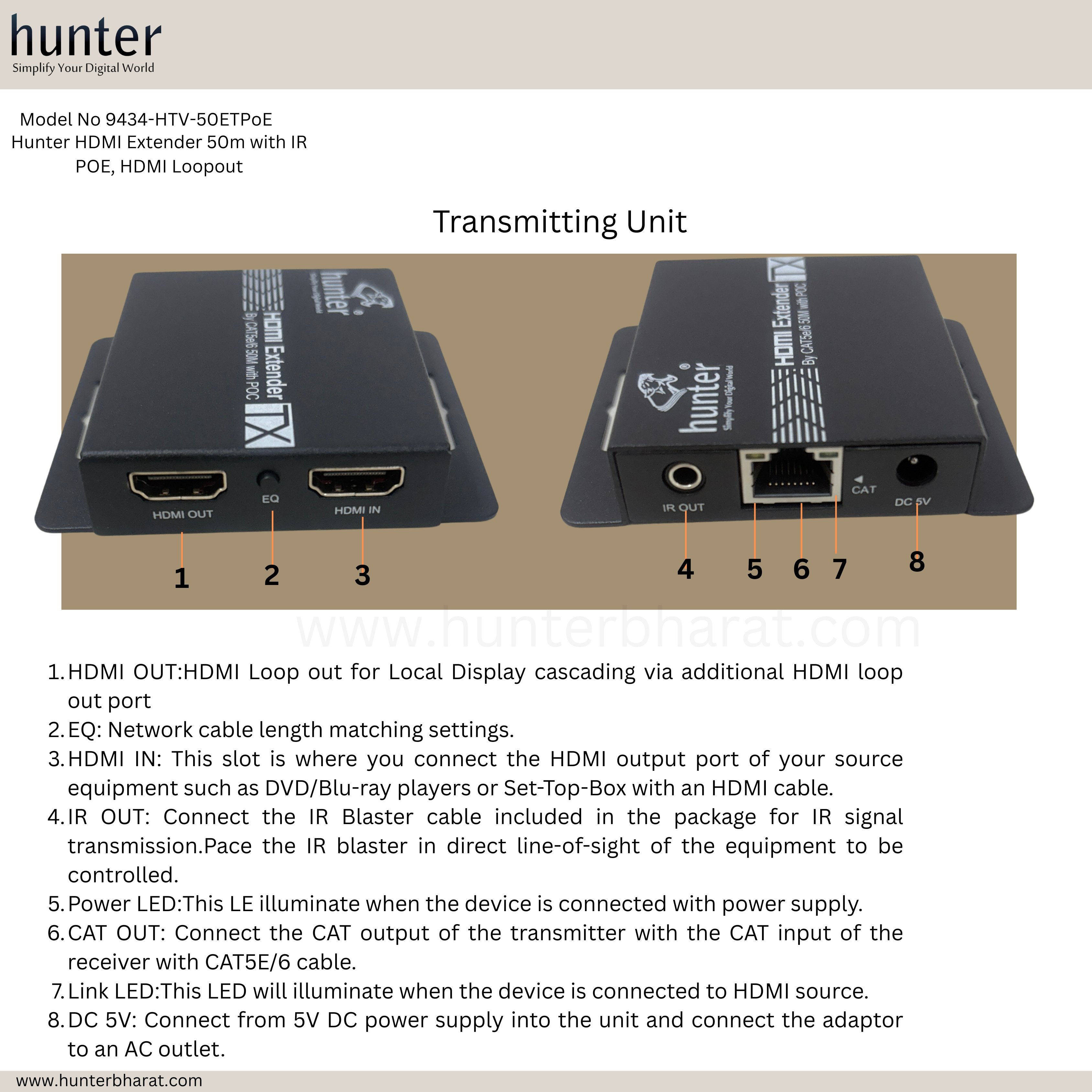 Hunter HDMI Extender 50m with IR POC HDMI Loopout-9434