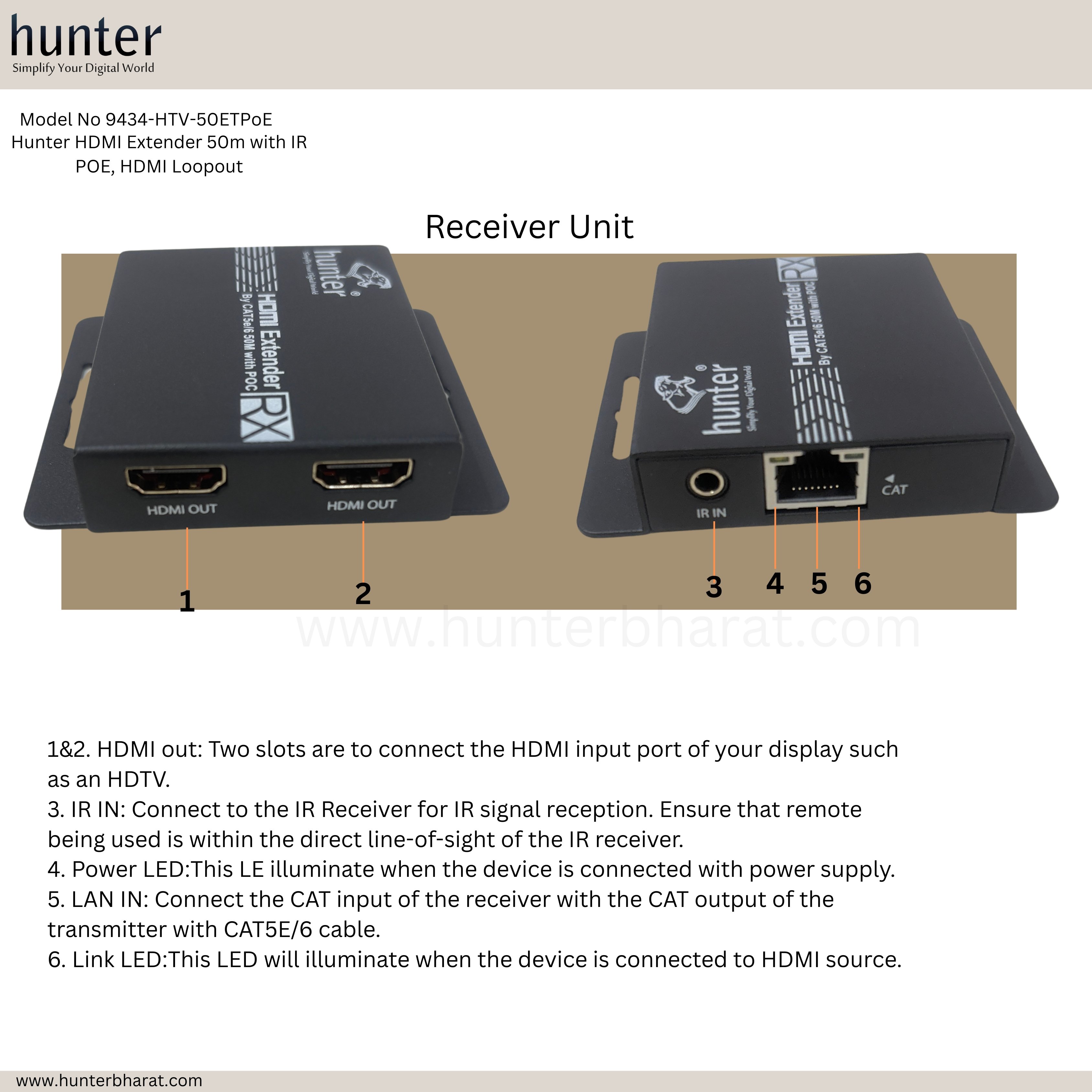 Hunter HDMI Extender 50m with IR POC HDMI Loopout-9434