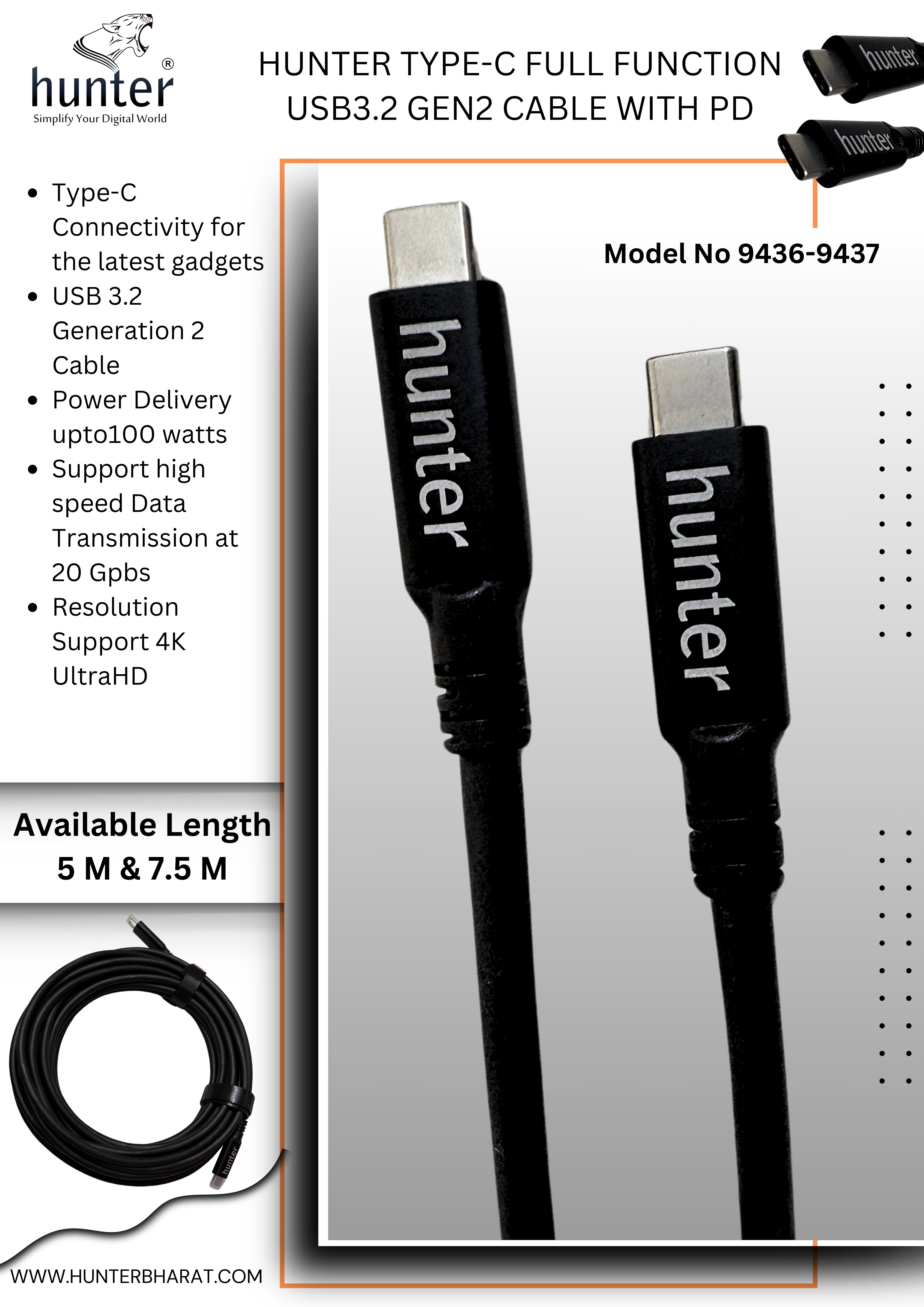 Hunter Type-C Full Function USB3.2 Gen2 Cable with PD 5 Meters - 9436