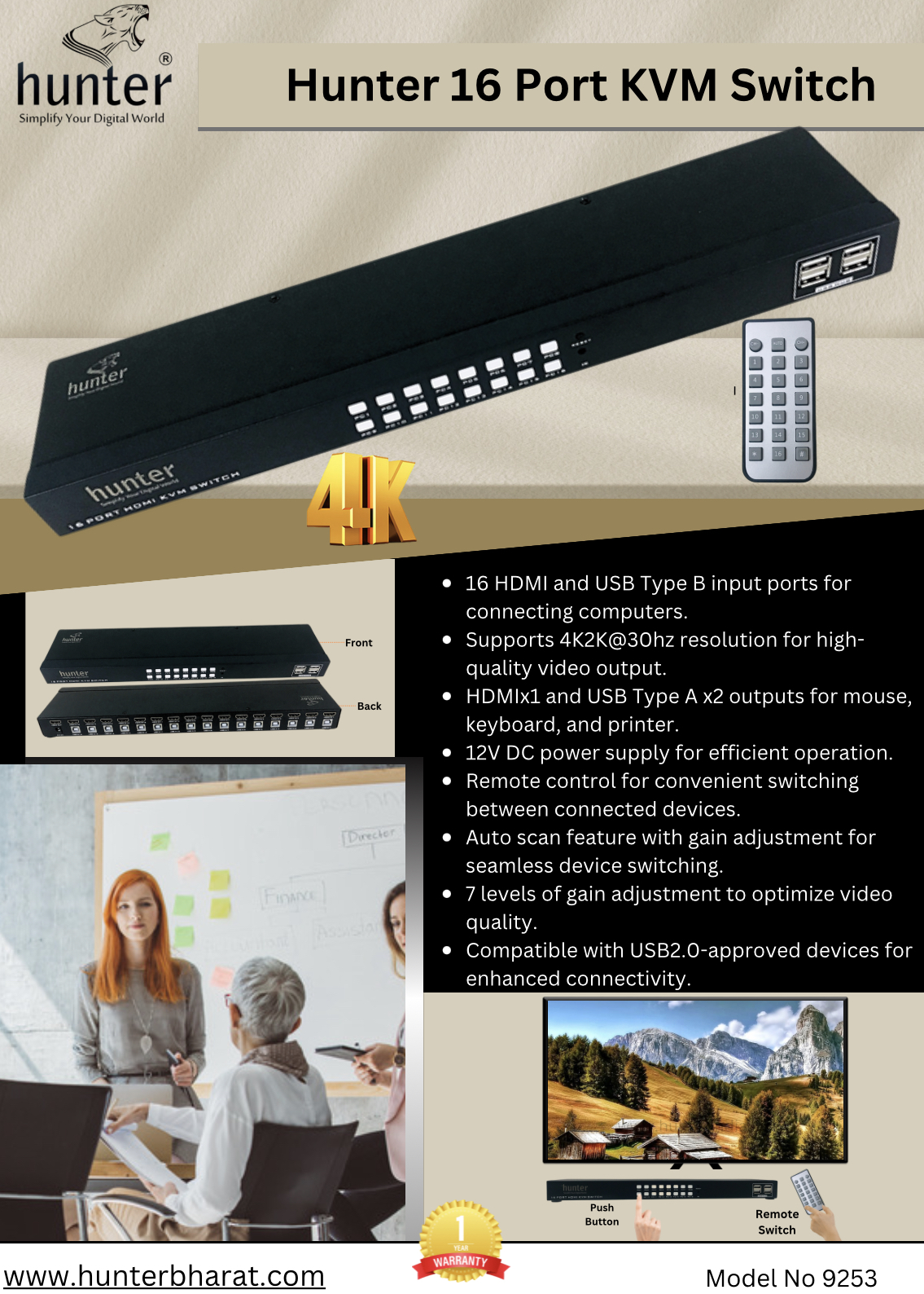 Hunter 16 Port KVM Switch, 4K2K@30hz-9253