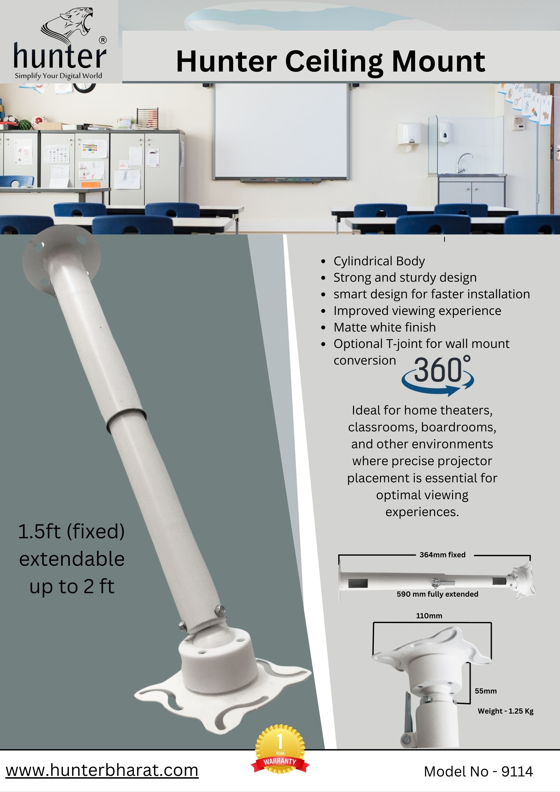 Hunter Ceiling Mount | 2ft Fixed, Extendable up to 1.5ft | 360 ...