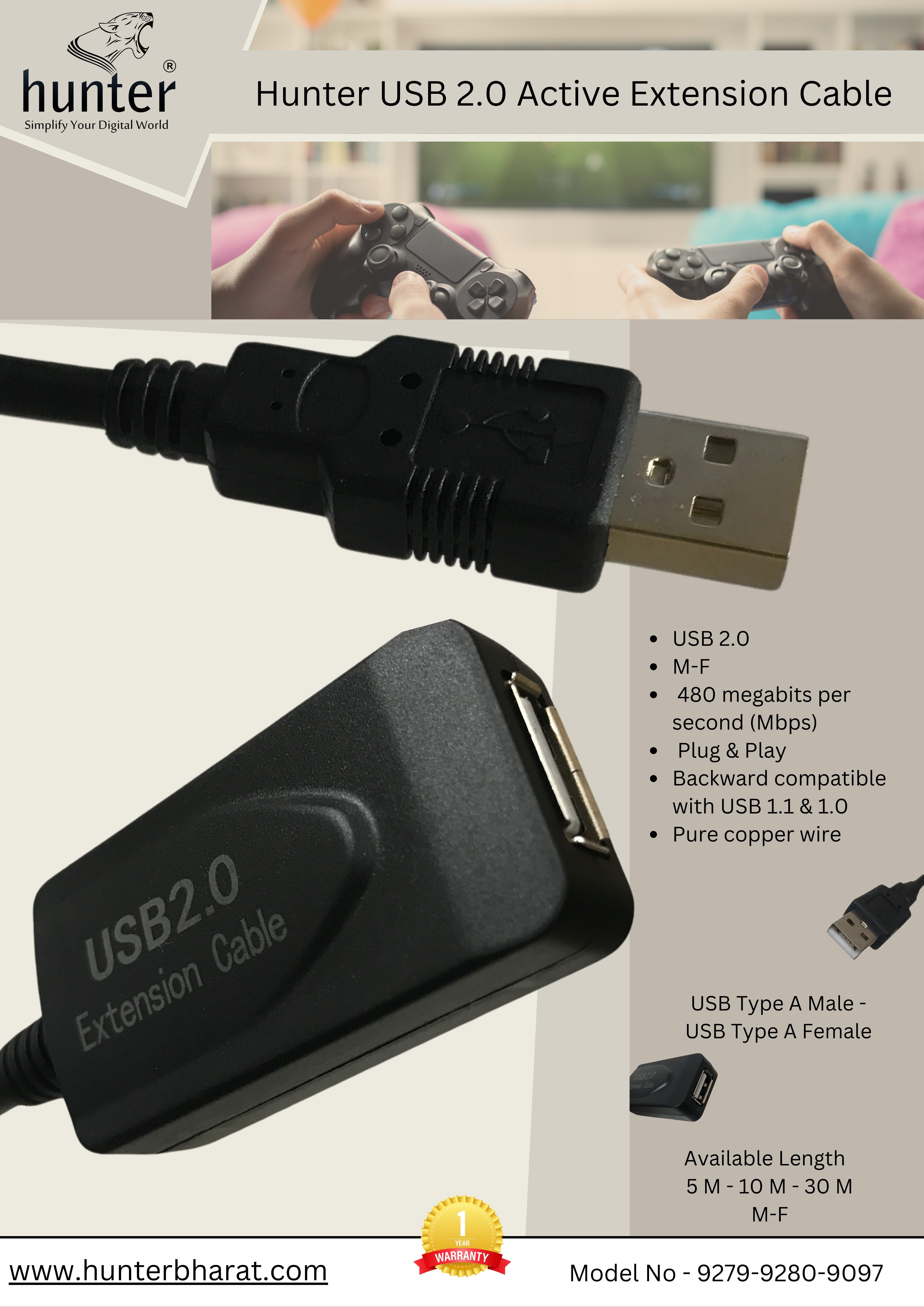 Hunter USB 2.0 Active Extension Cable (M-F) with Power AM-AF