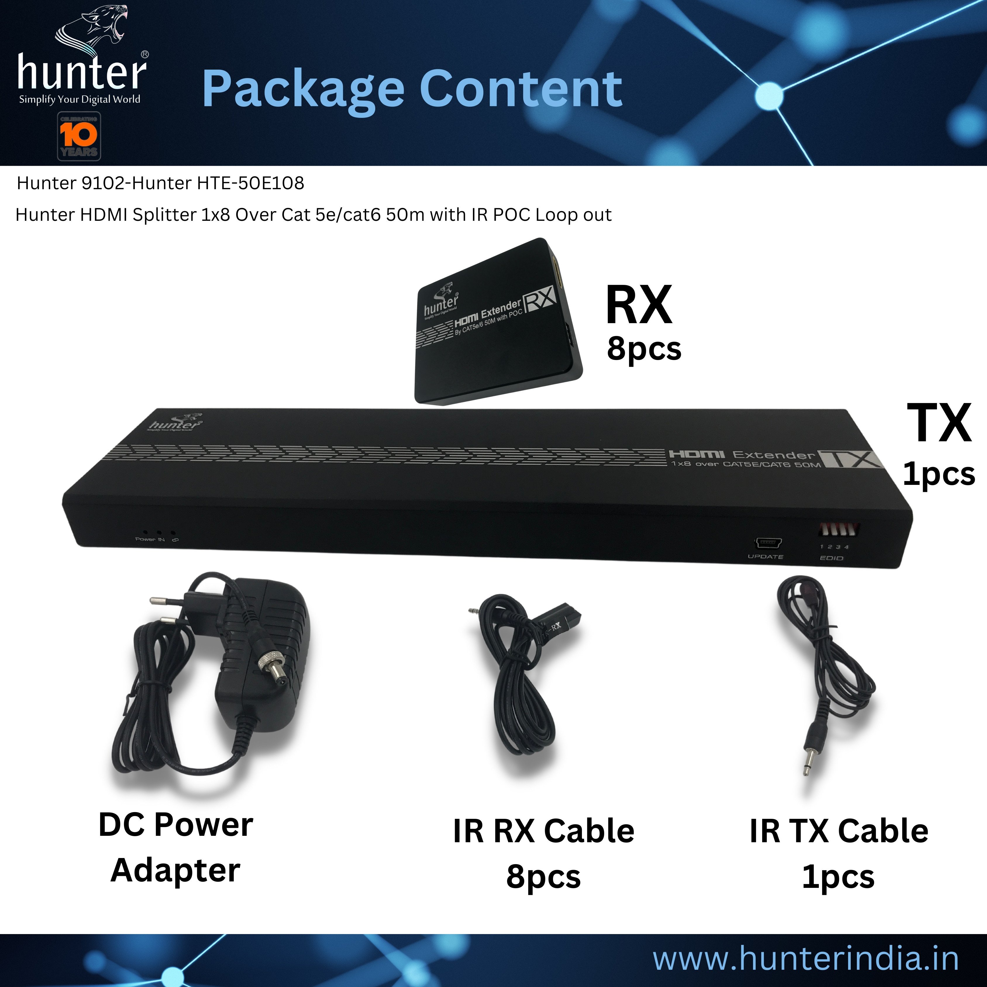 HDMI Splitter 1x8 Over Cat 5e/cat6 50m with IR POC Loop out