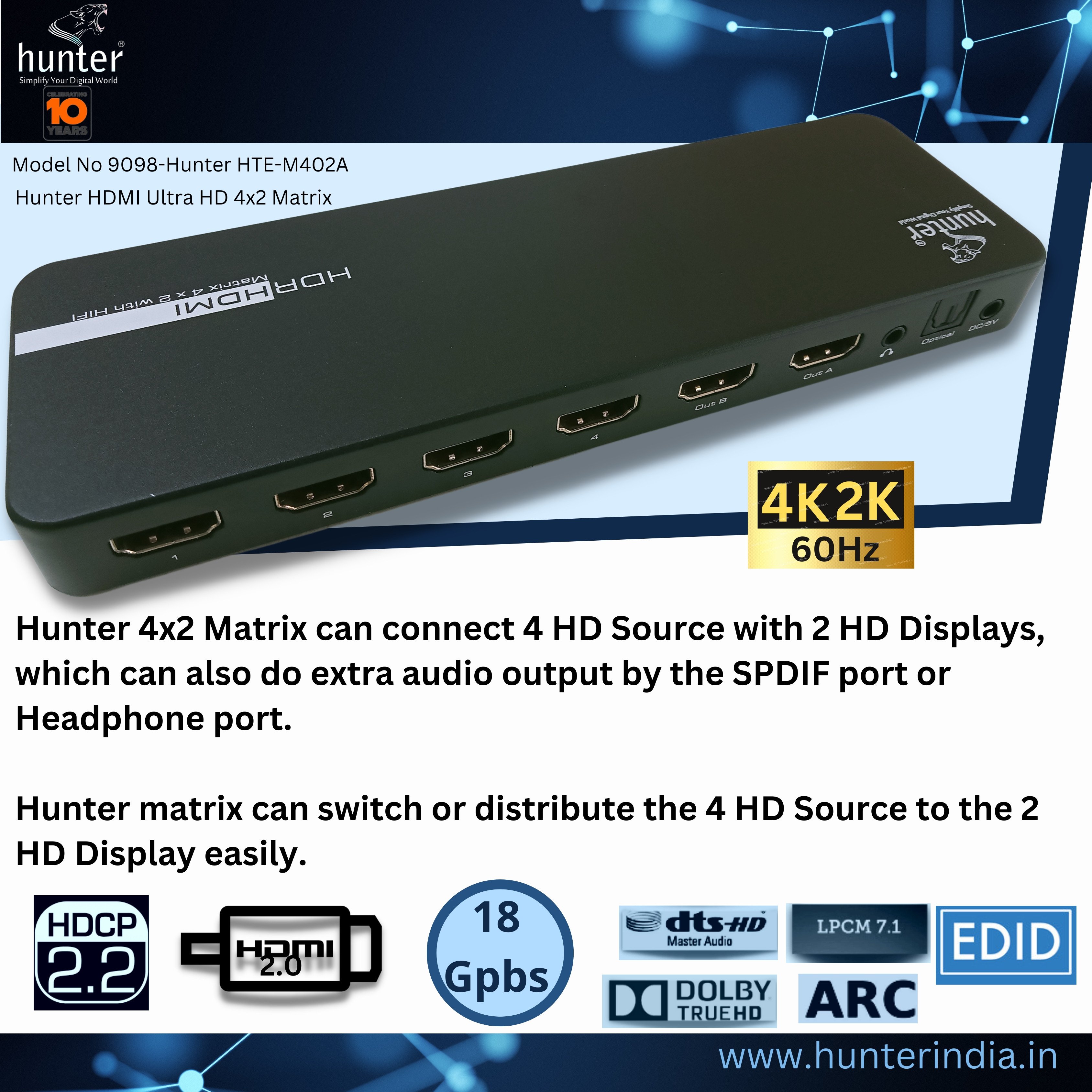 Hunter HTE-M402A HDMI Ultra HD 4x2 Matrix | 4K-2K/60Hz, HDCP 2.2, 18 ...