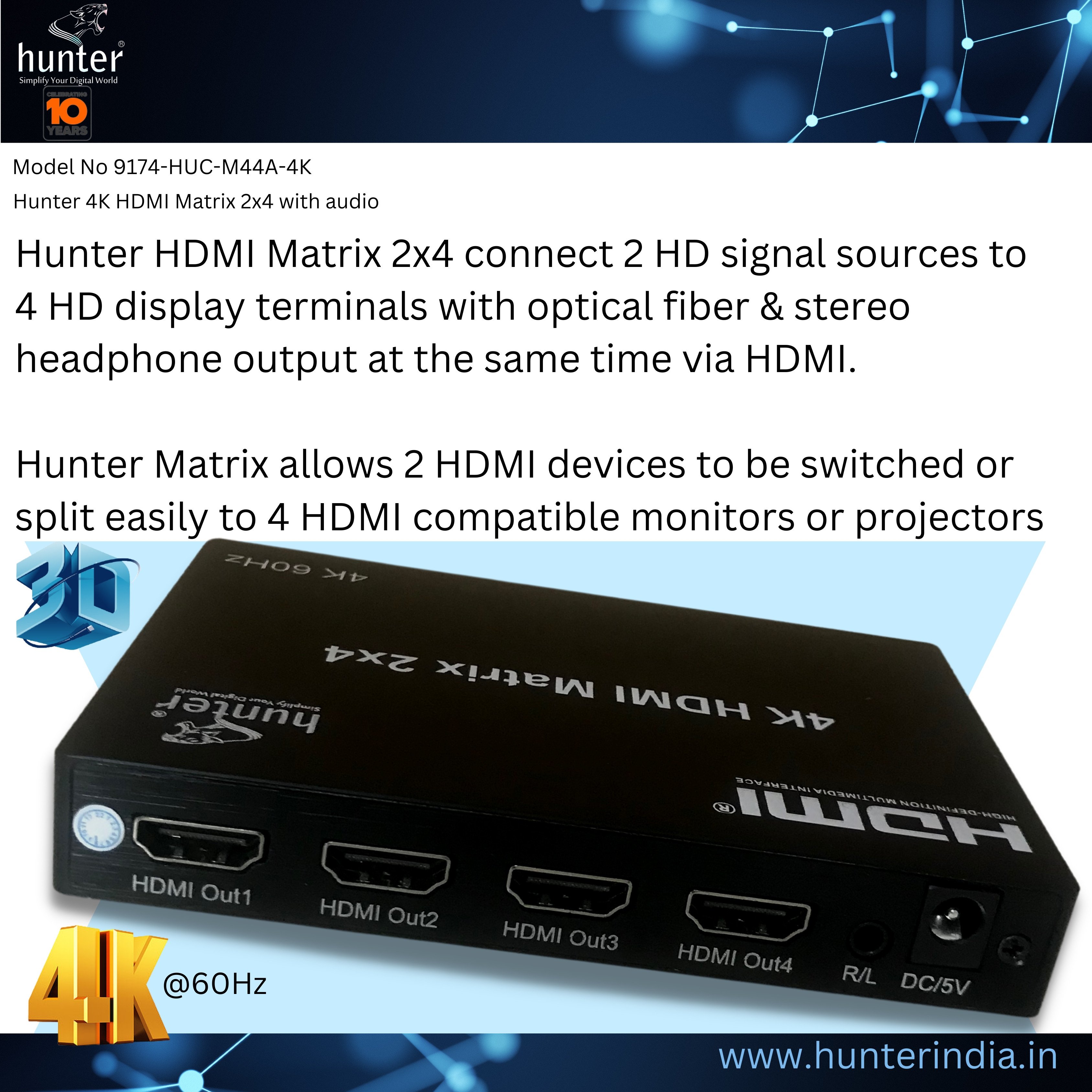 High-Performance 4K HDMI Matrix 2x4 with Audio | Hunter 9174-HUC-M44A ...