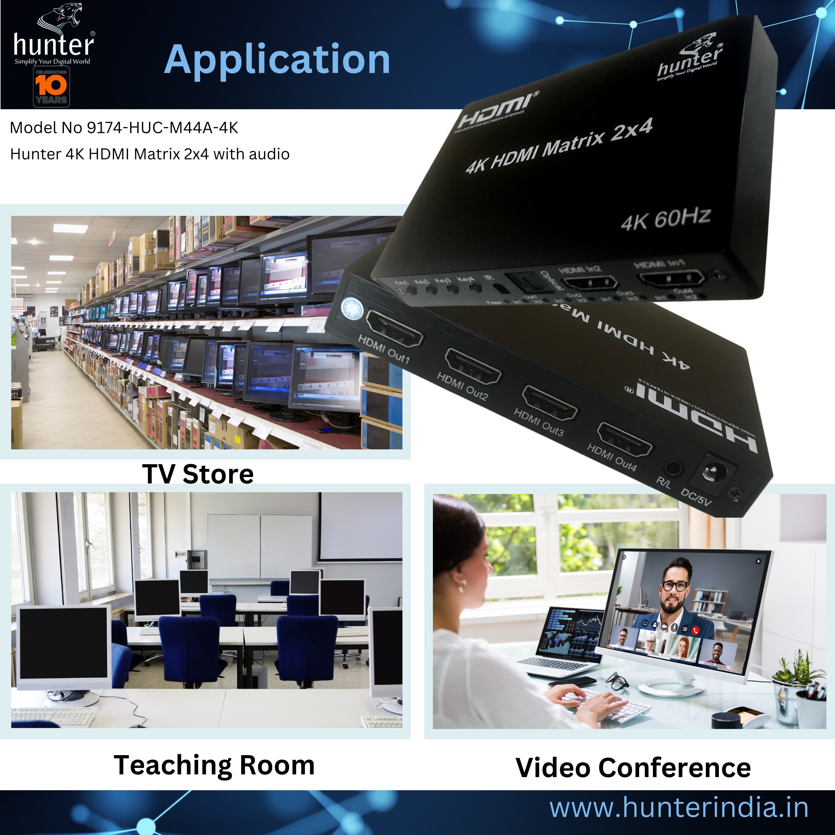 High-Performance 4K HDMI Matrix 2x4 with Audio | Hunter 9174-HUC-M44A ...