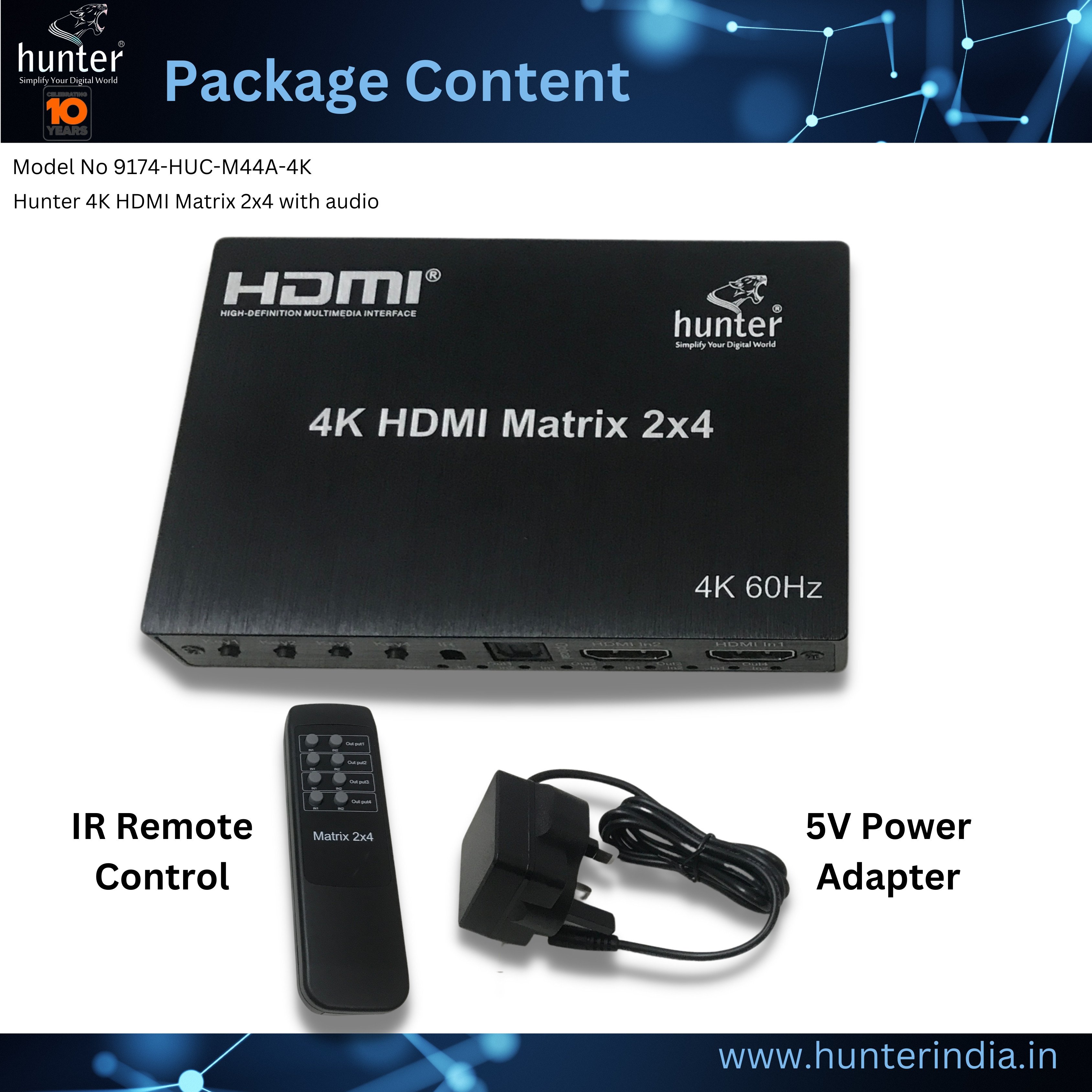 High-Performance 4K HDMI Matrix 2x4 with Audio | Hunter 9174-HUC-M44A ...