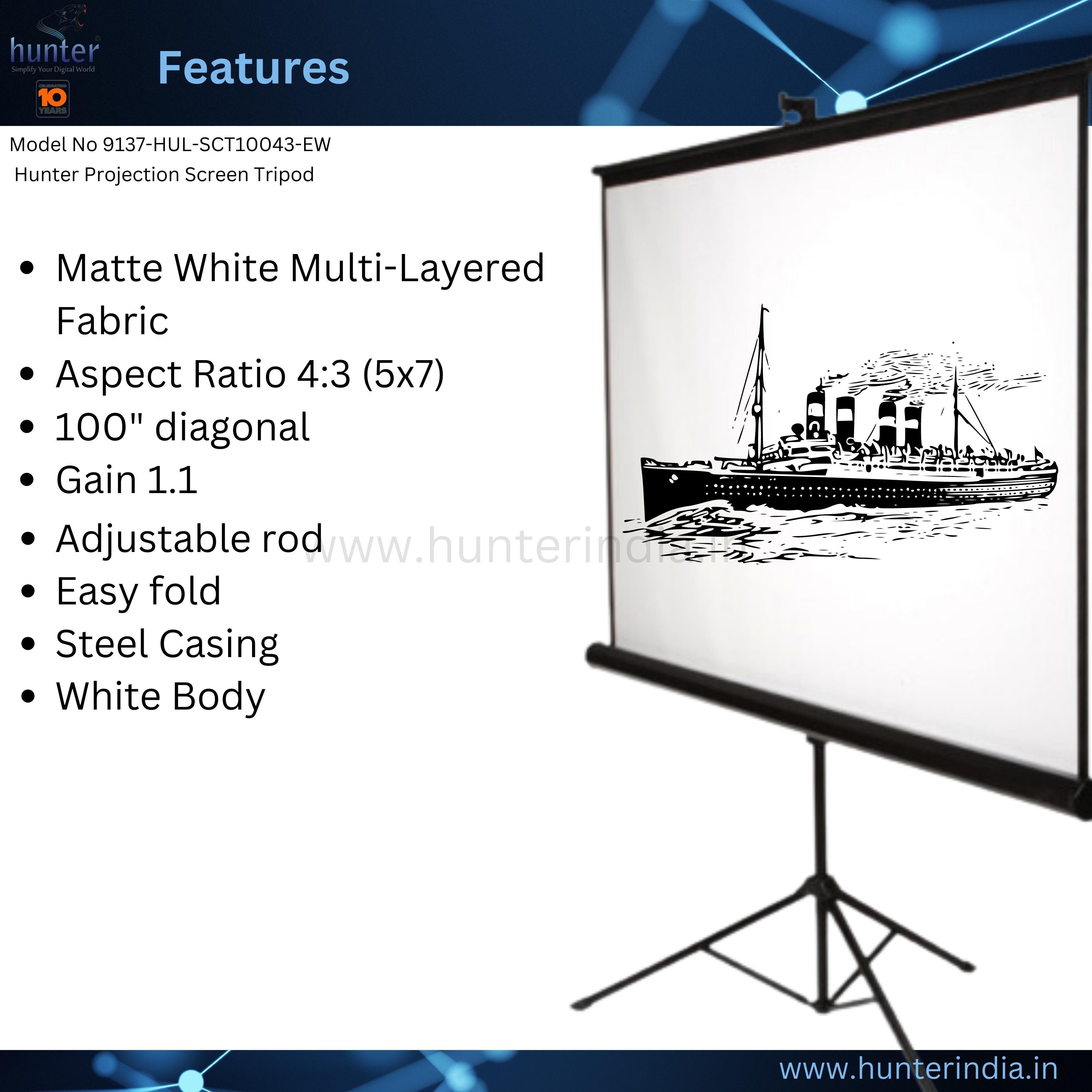 Hunter Projection Screen Tripod 100" diagonal 5x7 4:3