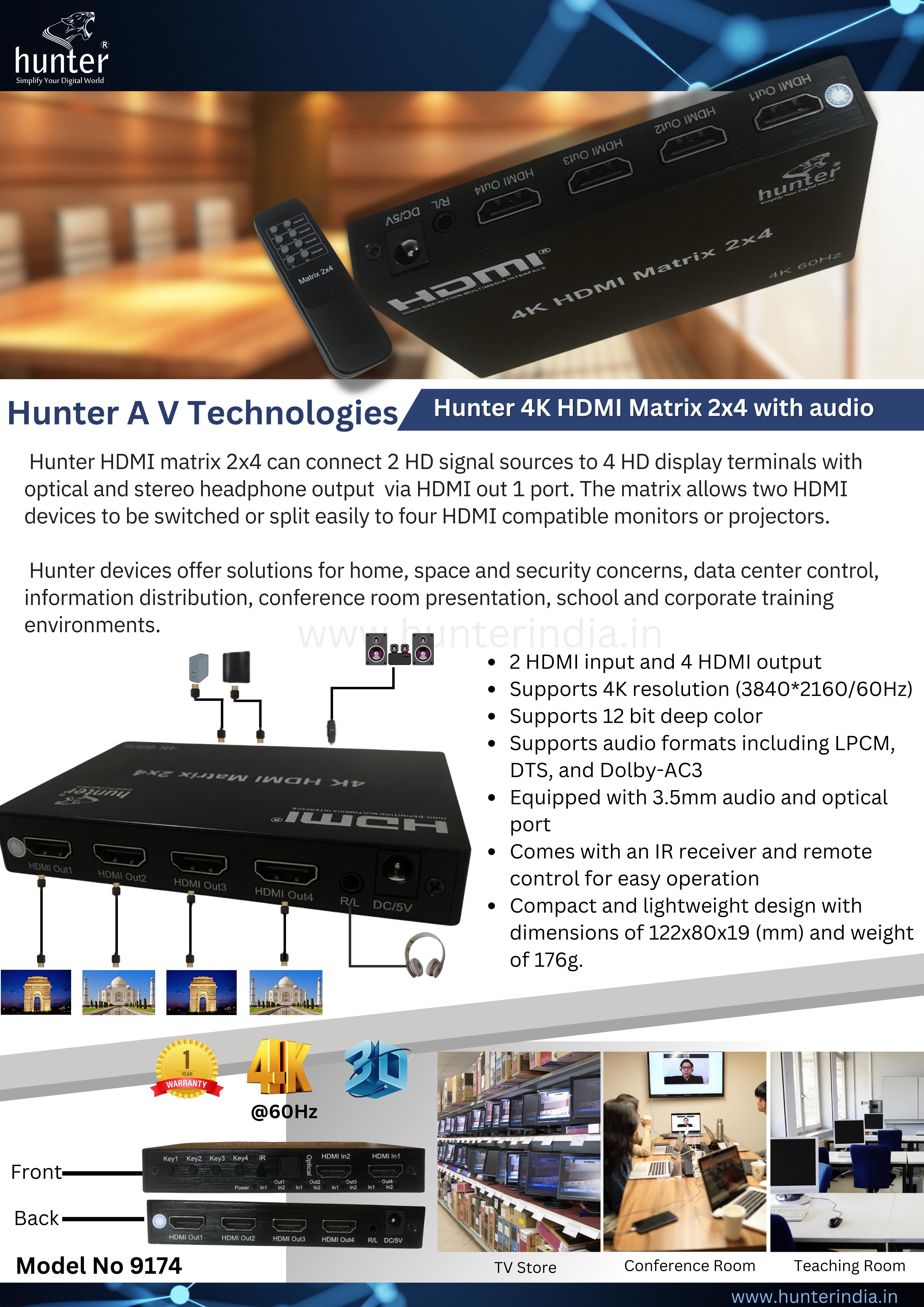 High-Performance 4K HDMI Matrix 2x4 with Audio | Hunter 9174-HUC-M44A-4K - 4K@60Hz, 12-bit Deep ...